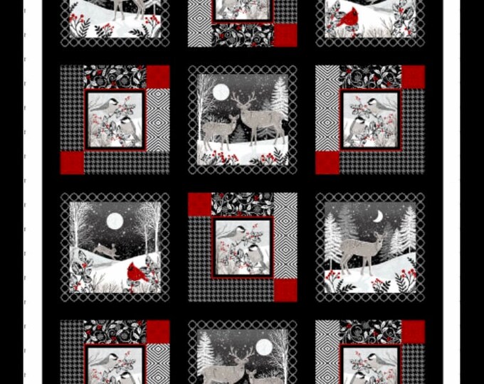 Midwinter Song Fabric Panel, Deer Rabbit Cardinal Bird, Holy Berry ...