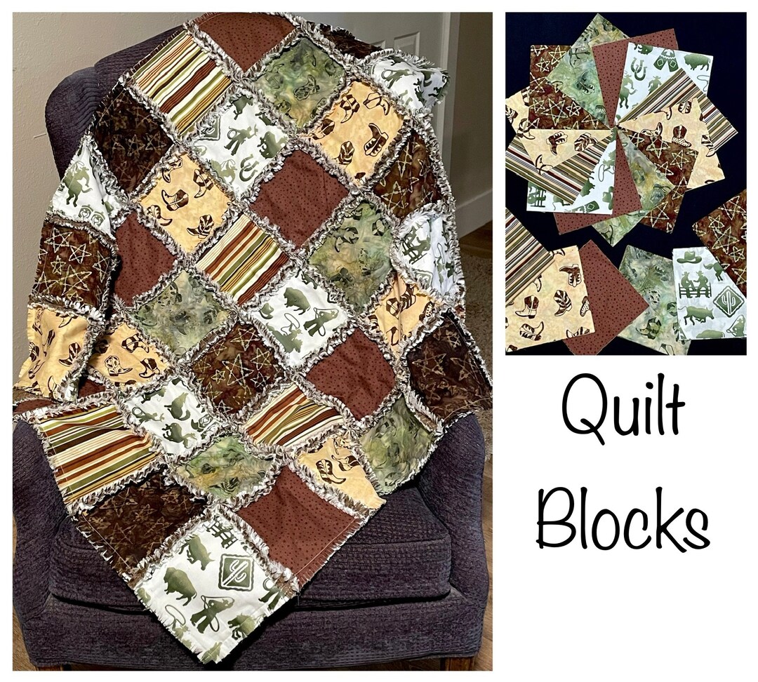 48 Western Rodeo Cowboy 7 Inch Square Quilt Blocks, Cotton, Green Brown ...