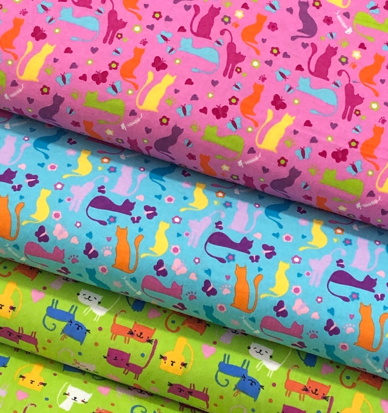 Kitty Cat Flannel Kitten Fabric Bright Colors Blue Pink - Etsy