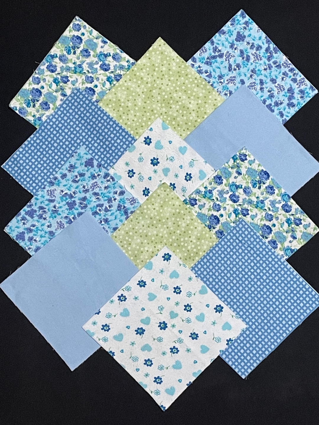 36 Blue Purple Green Floral Flower 7 Inch Square Quilt Blocks, Pre Cut ...