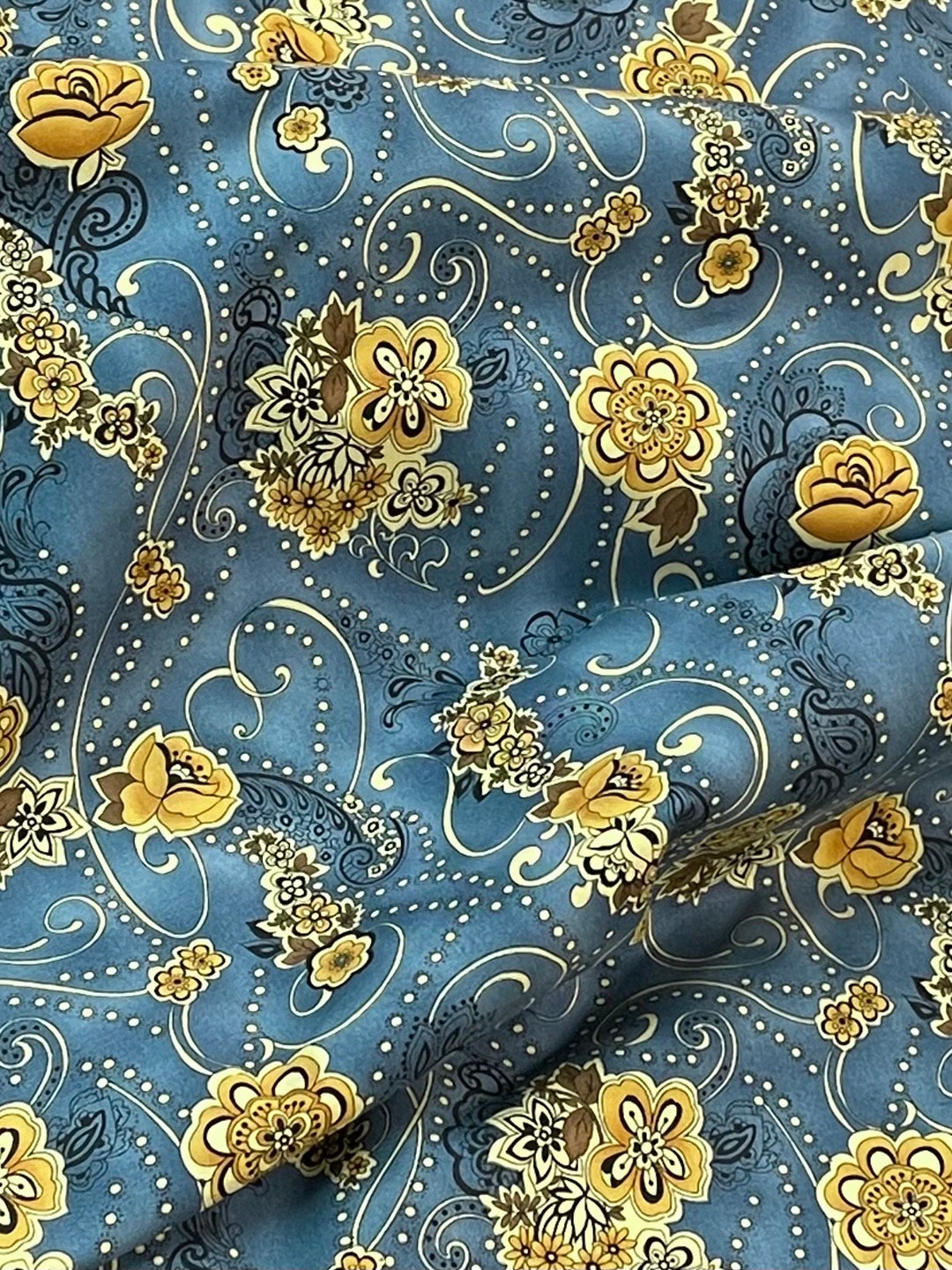 Isadora Flower Floral Cotton Fabric, Gold Flowers on Levi Blue ...