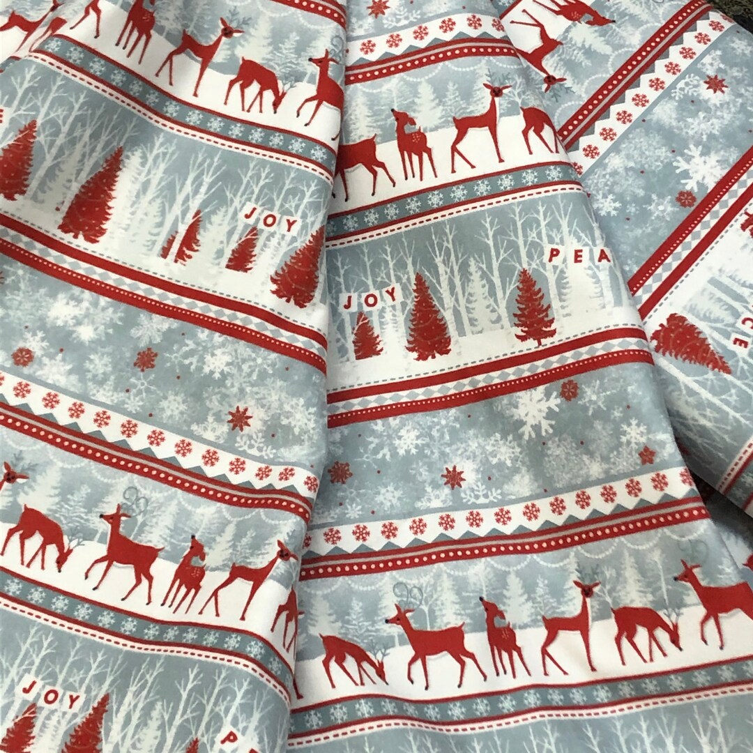 Winter Frost Fabric, Red Gray, White Swirls, Reindeer, Snowmen ...