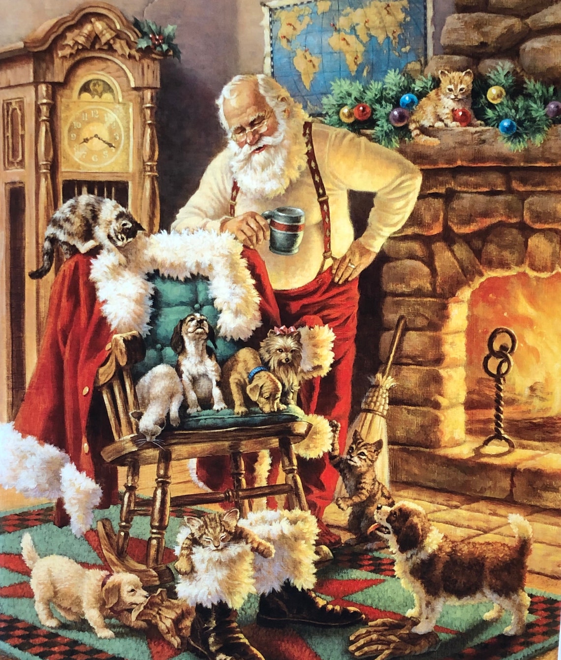Santa Clause A Classic Christmas Fabric Panel Puppies and - Etsy
