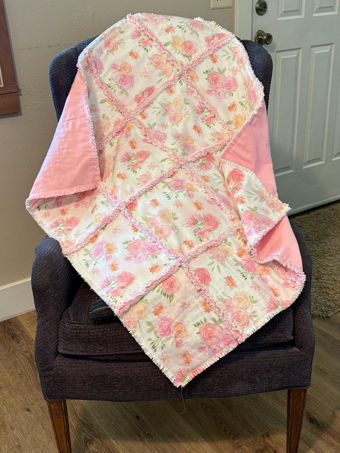 Rose Pink Coral, Vine Flowers, NO CUT Rag Quilt Kit- DIY Floral Flannel ...
