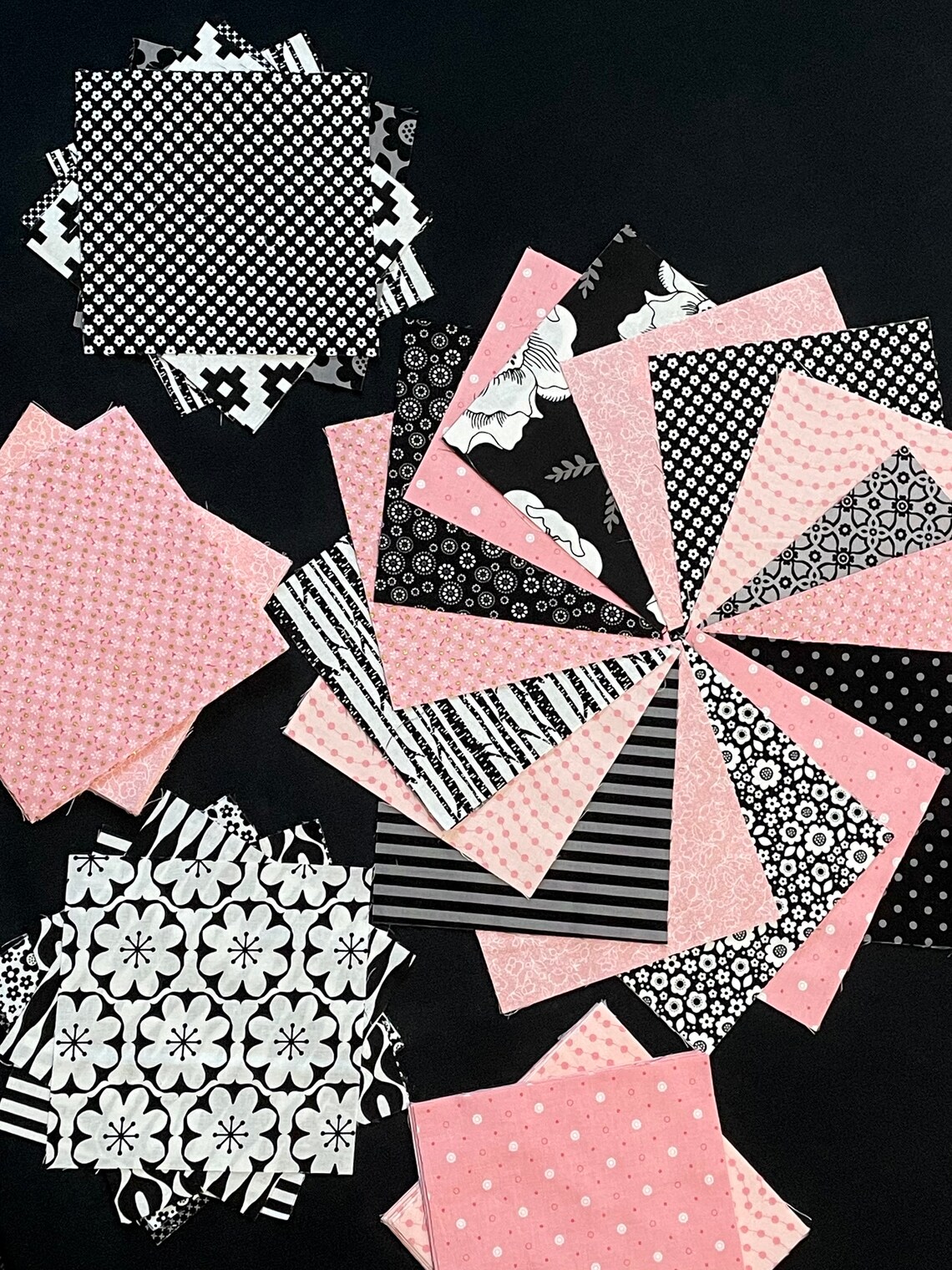48 Pink Black White 7" Pre Cut Square Quilt Blocks, Quilting Fabric ...