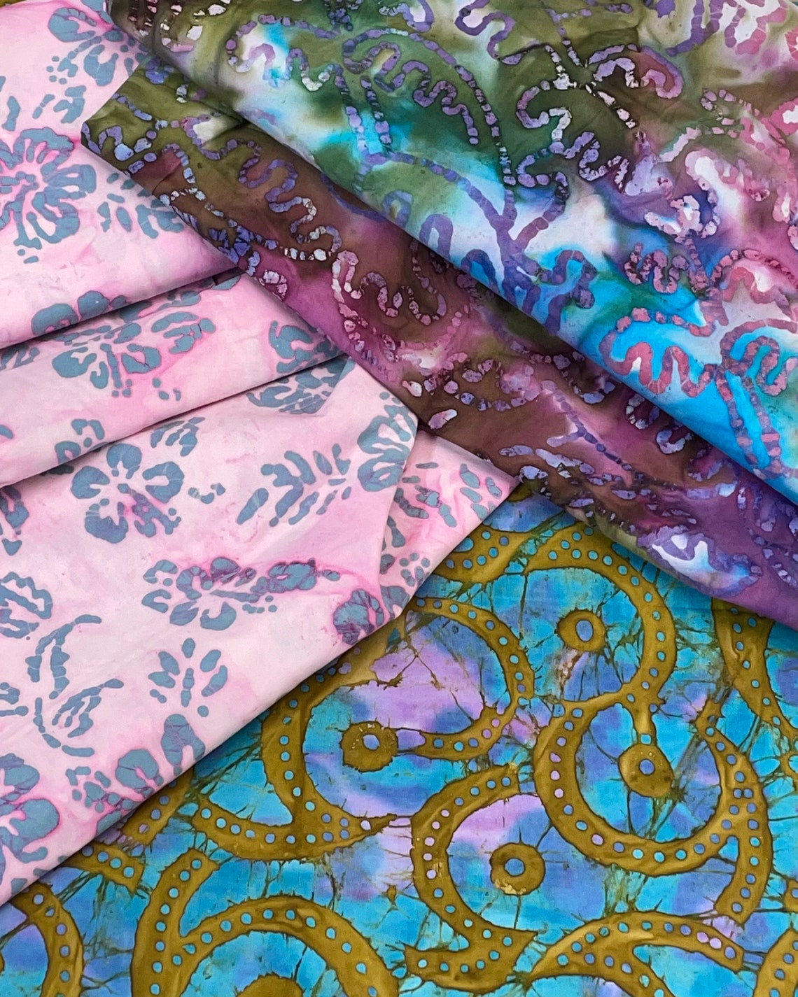 Batik Fabric Aqua Flowers Yellow Aqua Blue Squares Abstract - Etsy