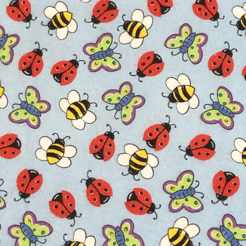 Butterfly Ladybug Flannel Bumble Bee Insect Fabric Blue Red - Etsy