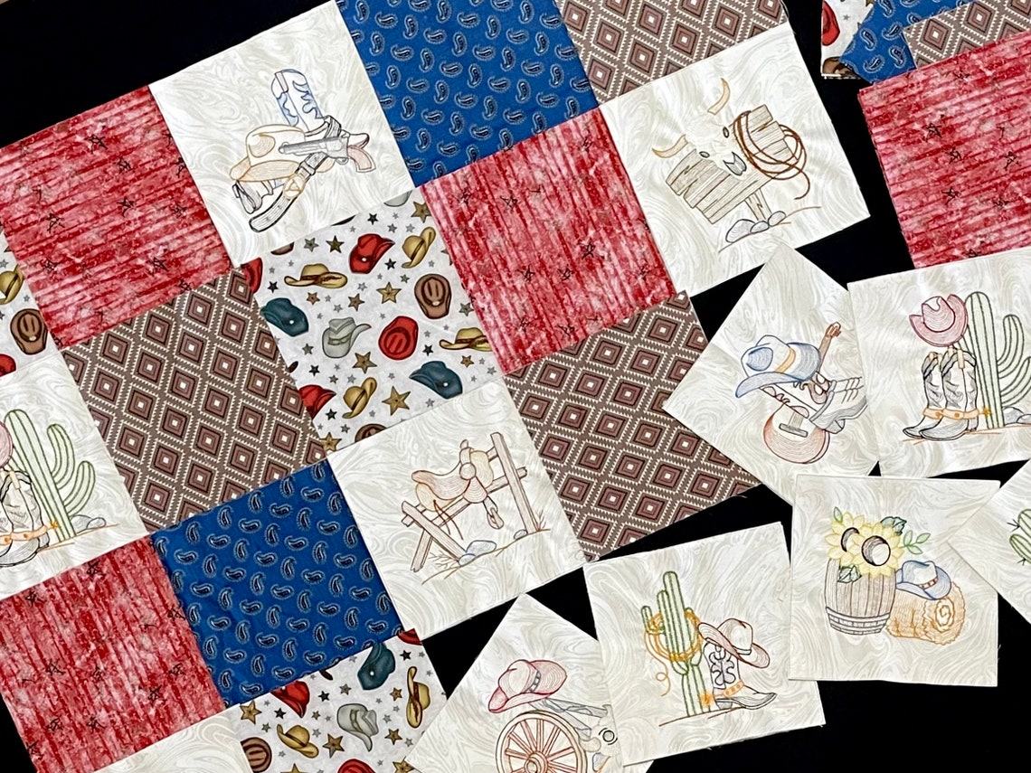 Western Embroidered Cowboy Quilt Blocks, 60- 7" Cotton Pre Cut Squares ...