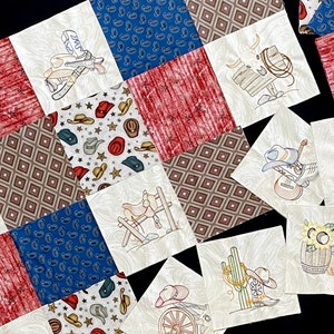 Western Embroidered Cowboy Quilt Blocks, 60- 7" Cotton Pre Cut Squares ...