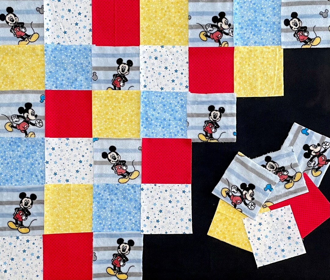 Mickey Mouse Quilt Kit, 84 Pre Cut 6" Minky & Flannel Square Blocks ...