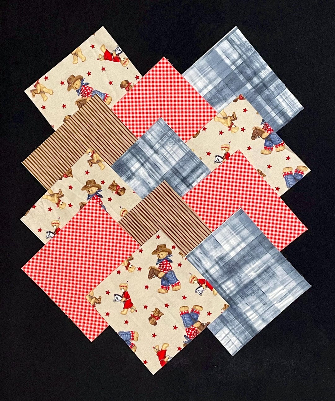 48 Cowboy Teddy Bear 7" Square Rag Quilt Blocks, Pre Cut, Flannel, Red ...
