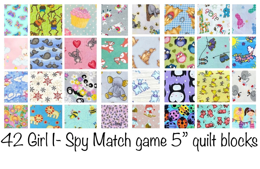 I SPY 42 MATCH Game Girls 5 FLANNEL Quilt Block, Fabric Squares ...