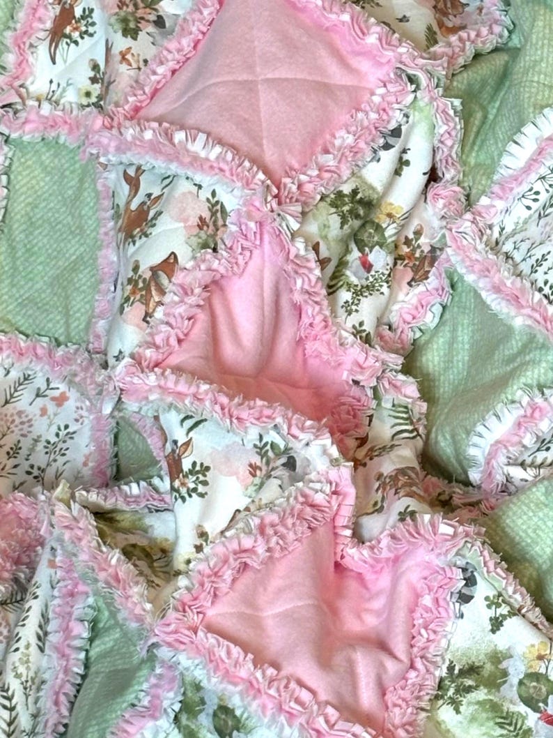 Nature Baby Deer Fox, Sage Green Pink Girl Rag Quilt Kit, Patchwork ...