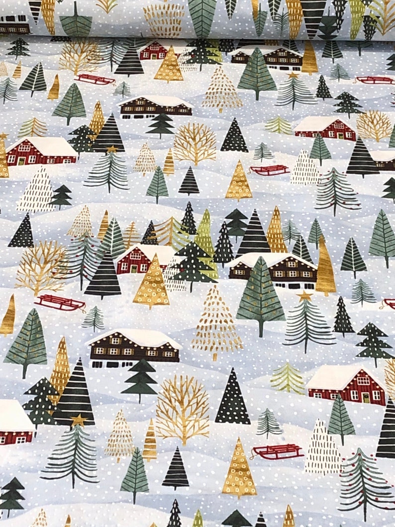 Christmas Snowy Magic, Winter Country Cabin Fabric Panel, Wilderness ...