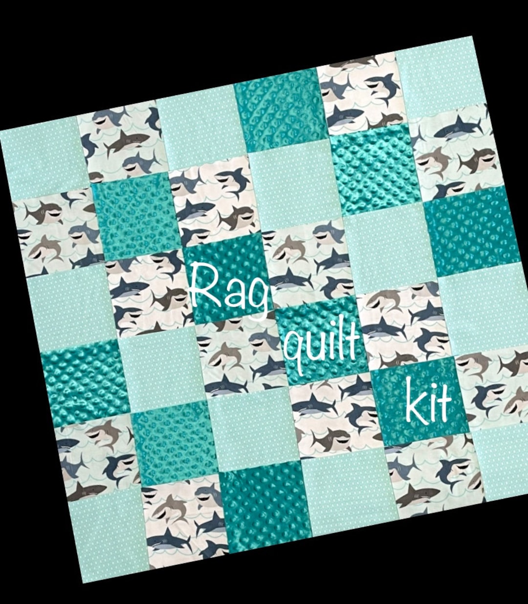 Shark Minky Rag Quilt Kit 72 Pre Cut 7" Aqua Minky & Flannel Fabric ...
