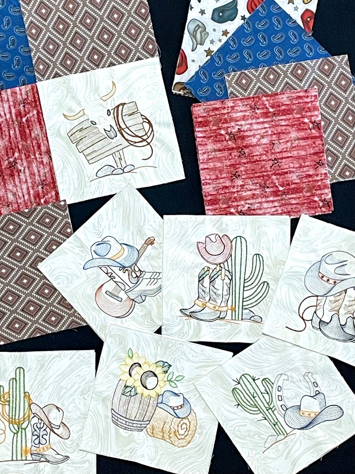 Western Embroidered Cowboy Quilt Blocks, 60- 7" Cotton Pre Cut Squares ...