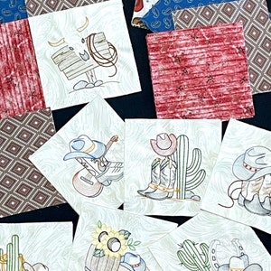 Western Embroidered Cowboy Quilt Blocks, 60- 7" Cotton Pre Cut Squares ...