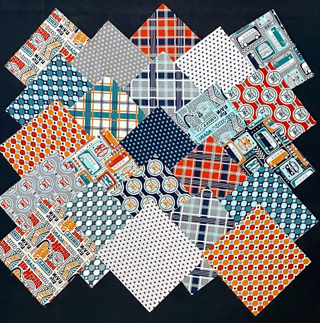 Auto Bus Traffic Quilt Blocks Pre Cut Square 8"x 8" Blue Orange Gray ...