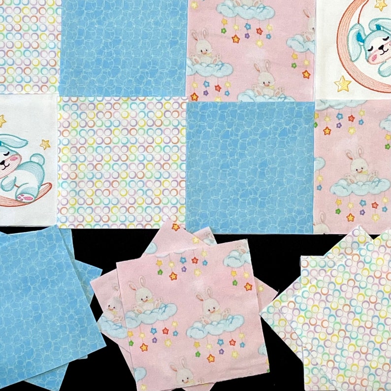 Embroidered Pink Bunny Rag Quilt Kit, 84 Quilt Blocks 7" Flannel Fabric ...