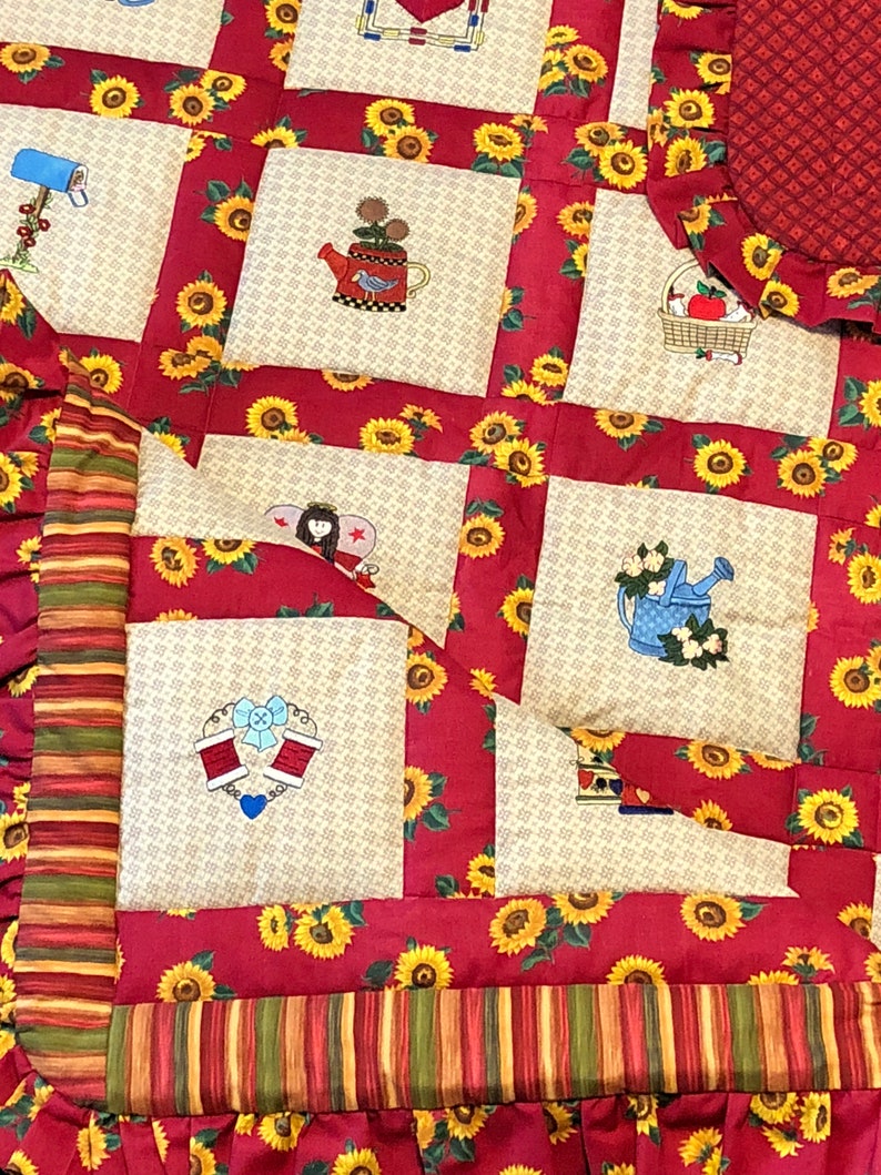 Sunflower Girl, Country Embroidered Crib Quilt Ruffled Baby Blanket ...