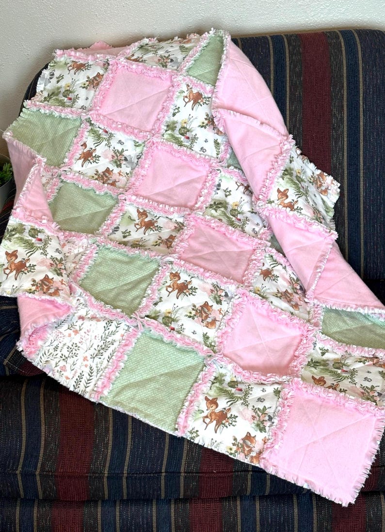 Nature Baby Deer Fox, Sage Green Pink Girl Rag Quilt Kit, Patchwork ...