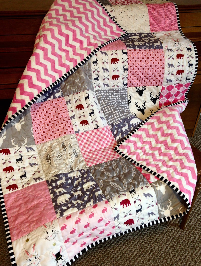 Pink gray Baby Woodland minky quilt deer Native American | Etsy