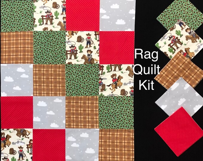 72 Western Cowboy Rag Quilt Kit, Pre Cut 7 Quilt Blocks, Cowboy Horse ...