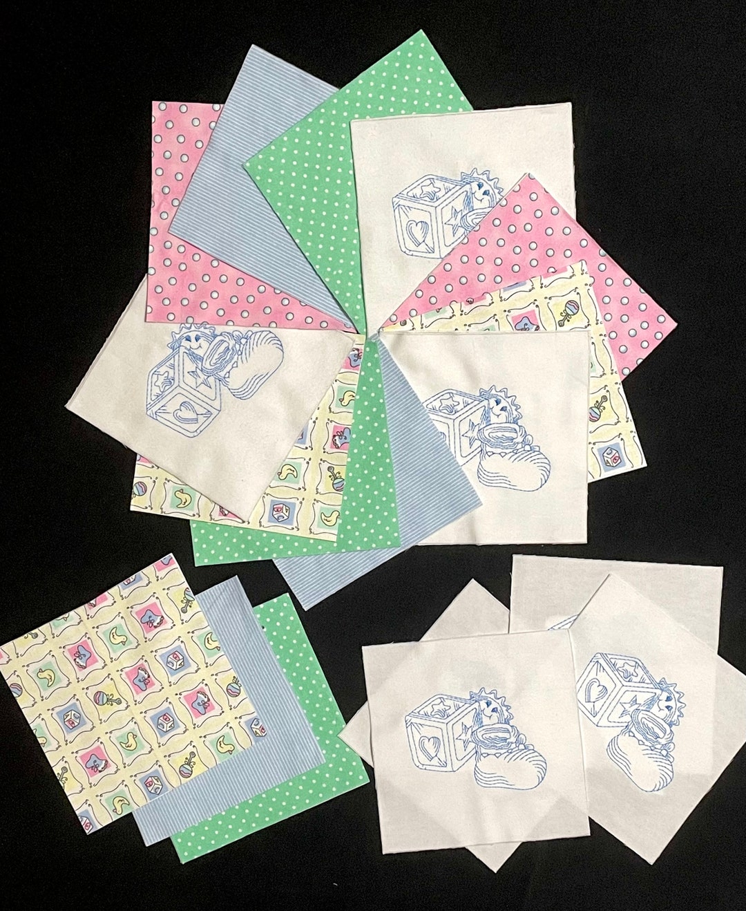 Baby Booties Embroidered 7" Pre Cut Square Quilt Blocks, Green Pink ...