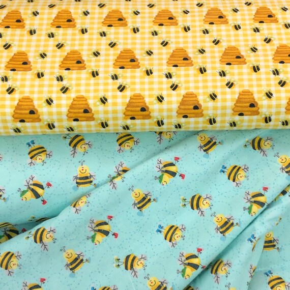 Honey bee flannel fabric bee hive flannel aqua blue yellow | Etsy