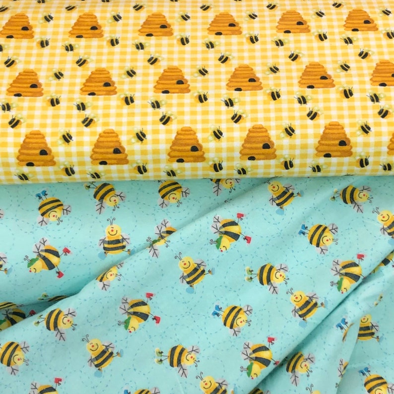 Honey bee flannel fabric bee hive flannel aqua blue yellow | Etsy