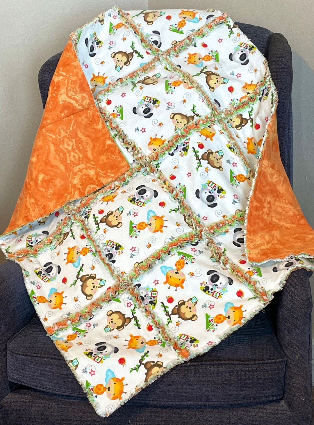 Puppy Dog Giraffe Monkey Rag Quilt, 3 Warm Flannel Layers, 33x38 ...
