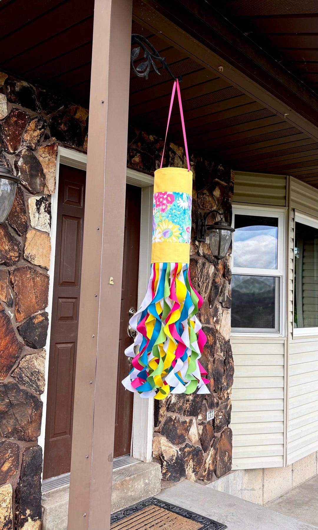 Spring Floral Windsock, Yellow Aqua Pink Green, Wreath Door Hanger ...