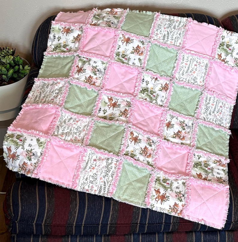 Nature Baby Deer Fox, Sage Green Pink Girl Rag Quilt Kit, Patchwork ...