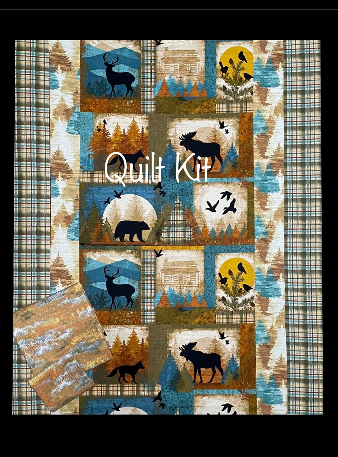 Woodland Bear Moose Wild and Free Quilt Kit, Bear Wolf Deer Silhouette ...
