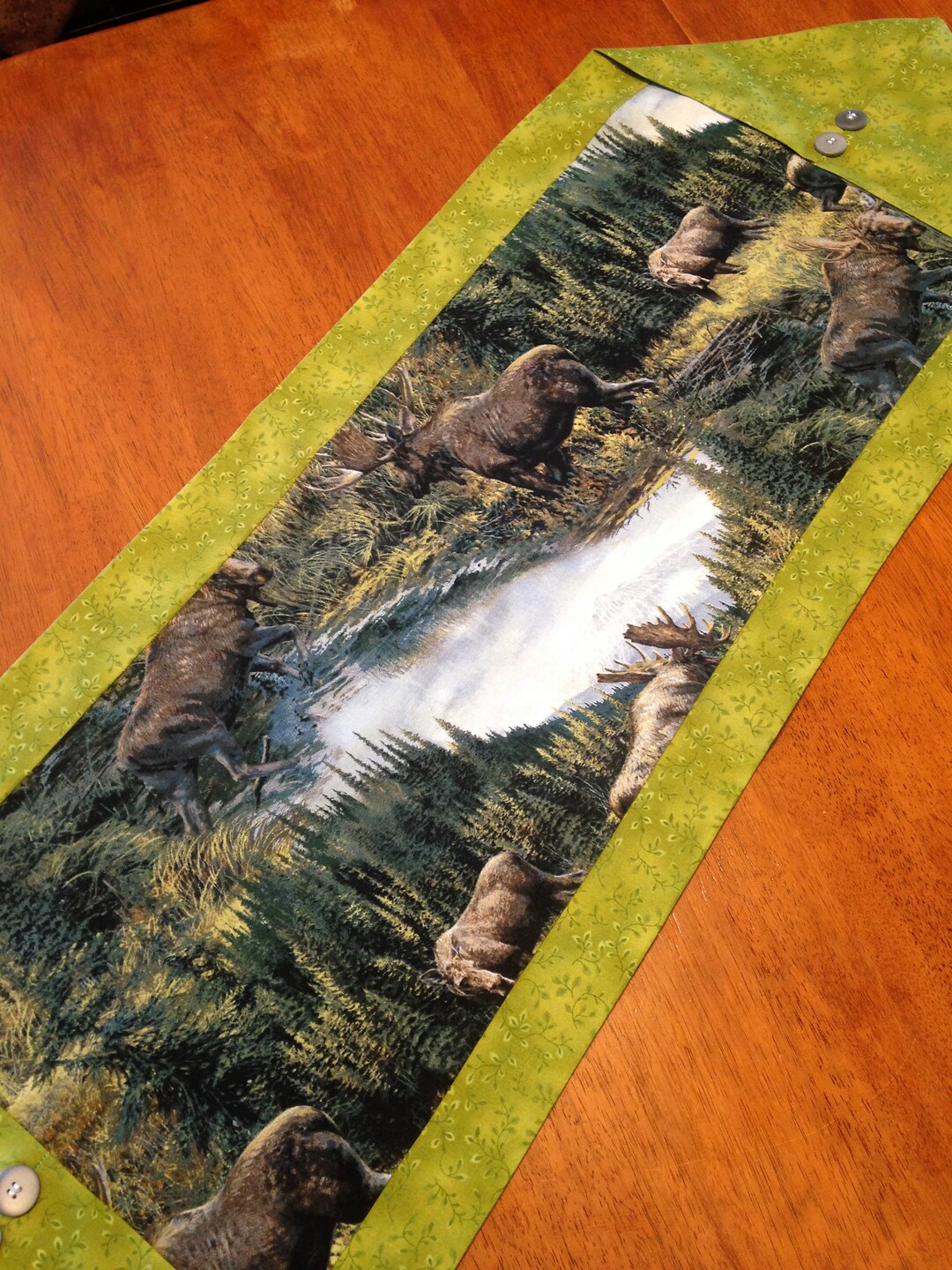Moose Table Runner, Green, Brown, Pine Tree, Wilderness Wildlife Double ...
