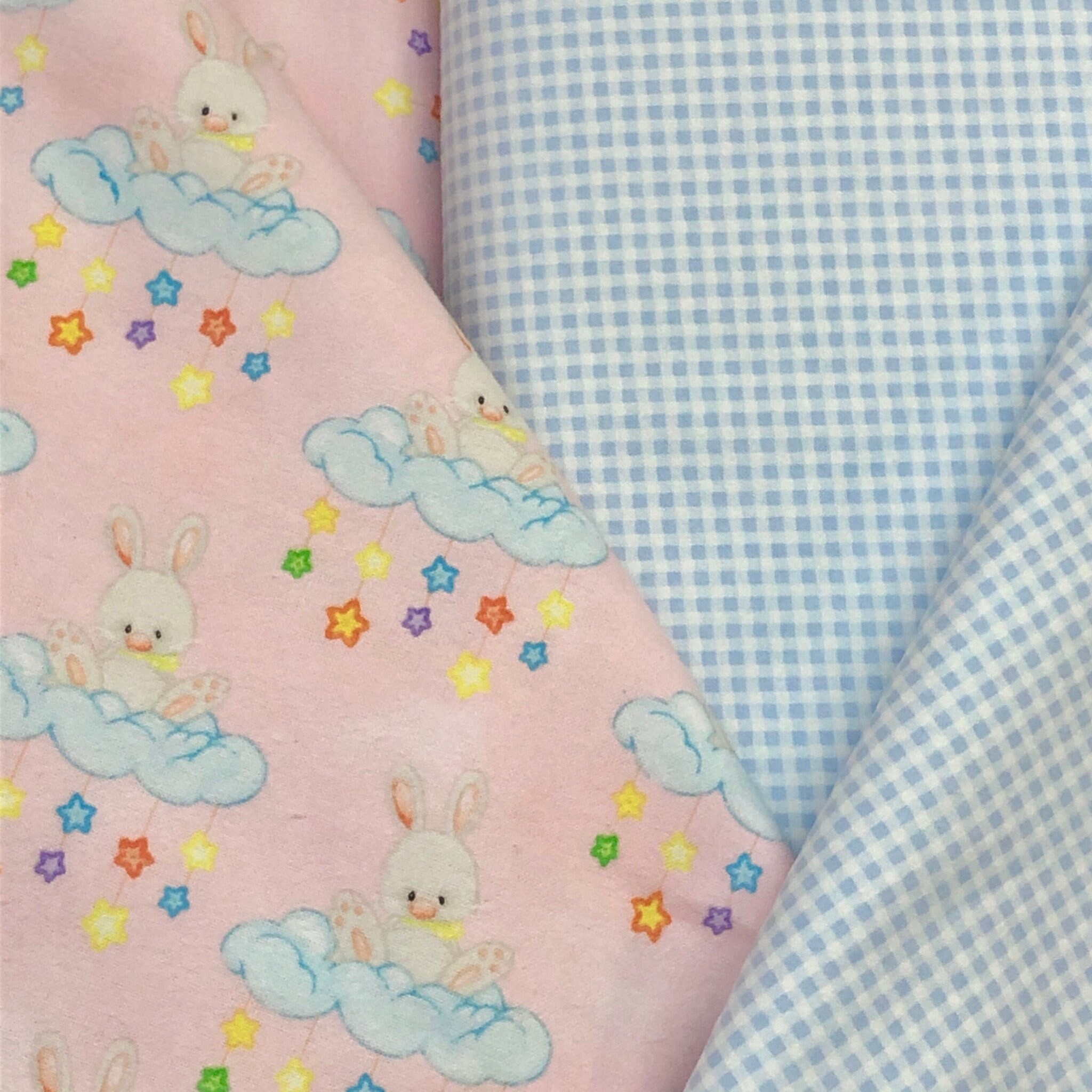 Bunny Rabbit pink flannel floating on white clouds yellow | Etsy