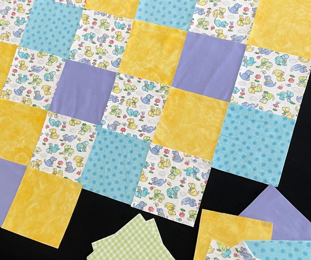 Puppy Rag Quilt Kit, Aqua Lavender Yellow, Colorful Happy Dogs, Flowers ...