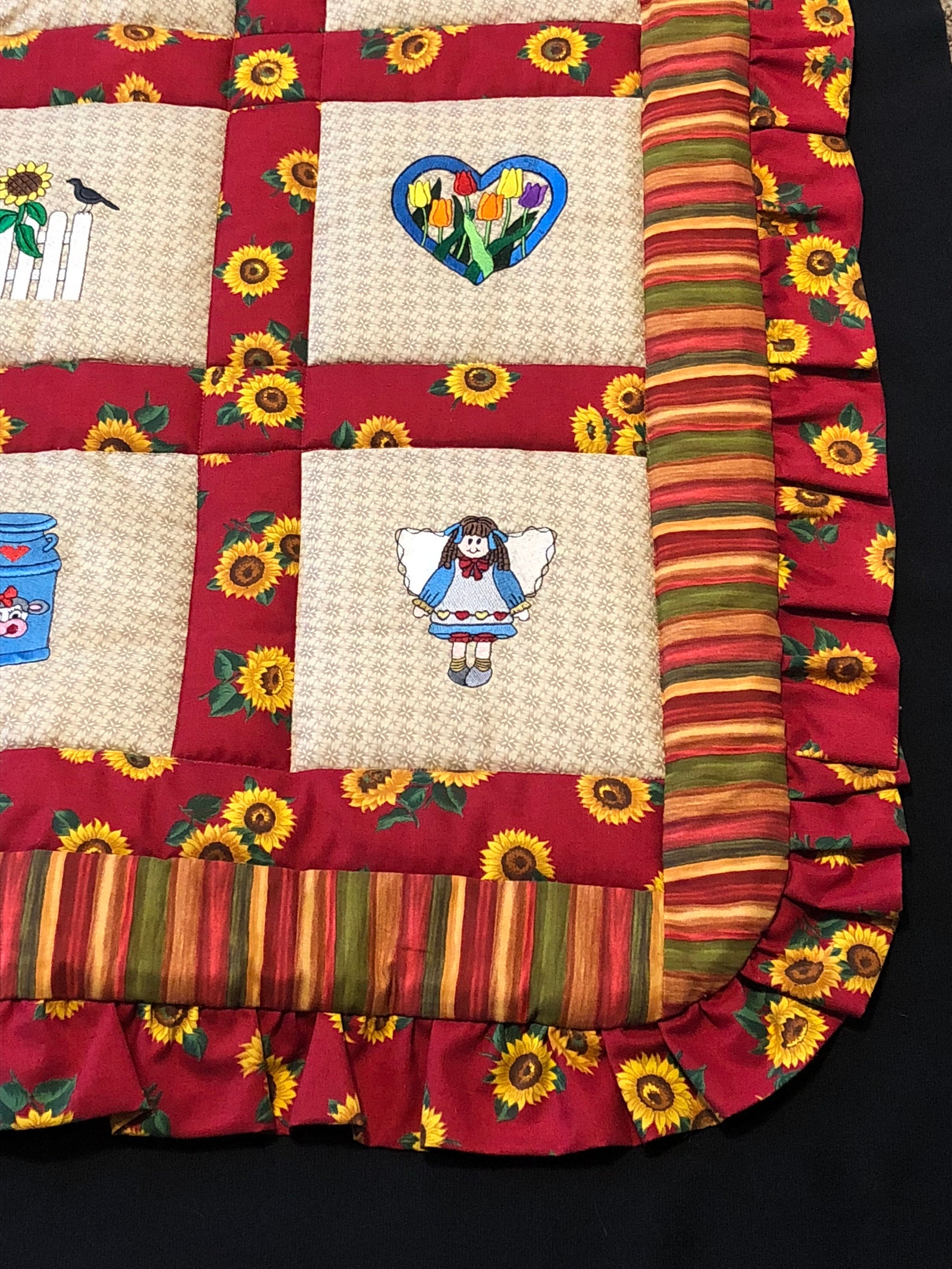 Sunflower Girl, Country Embroidered Crib Quilt Ruffled Baby Blanket ...