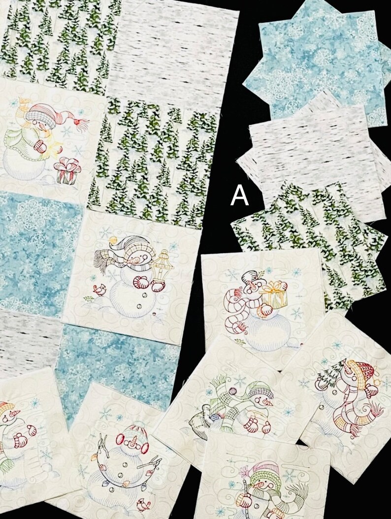 48 Embroidered Snowmen 7" Pre Cut Square Fabric Cotton Quilt Blocks ...