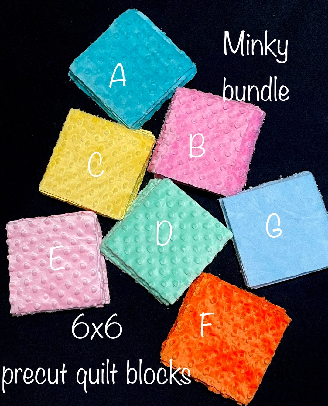 Minky Quilt Blocks 6" Squares, 12 Pre Cut, Pink Blue Yellow Orange ...