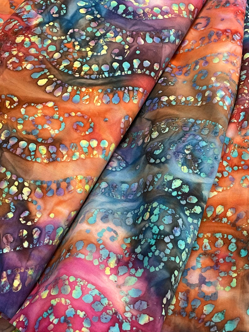 Batik Fabric Pink Orange Blue Yellow Flowers Bright Cotton | Etsy