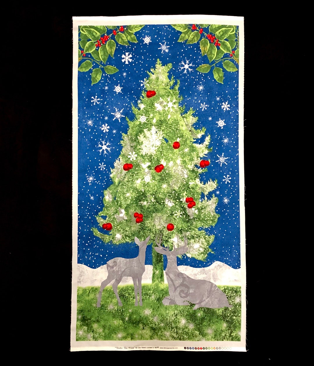 Reindeer CHRISTMAS Fabric Panel, Pine Tree, Winter Berry, Holy Berries ...