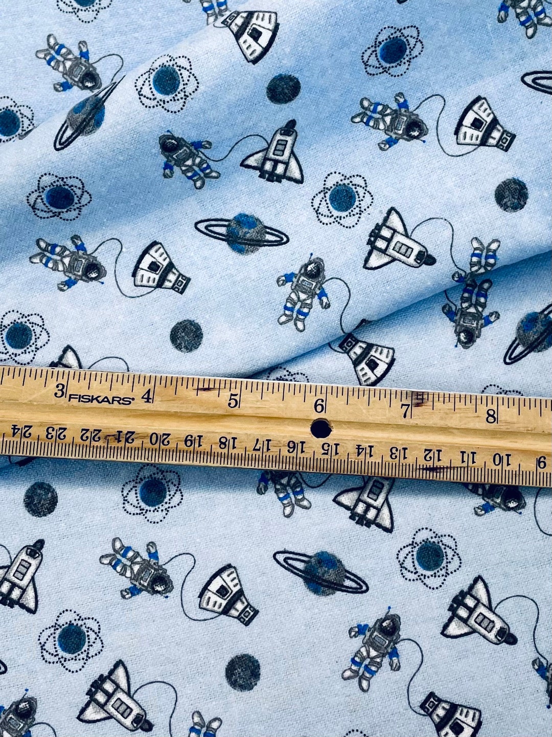 Astronauts, Space Ships, Planets on Blue Cotton FLANNEL Fabric by A E ...