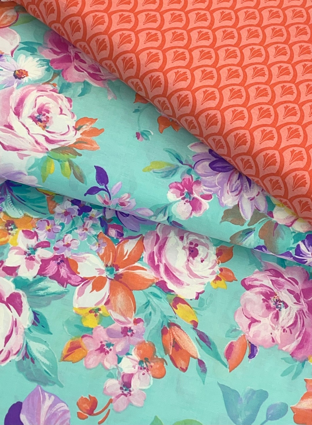 Floral Aqua Fabric, Coral Coordinate, Flowers, Quilting, 100% Cotton ...