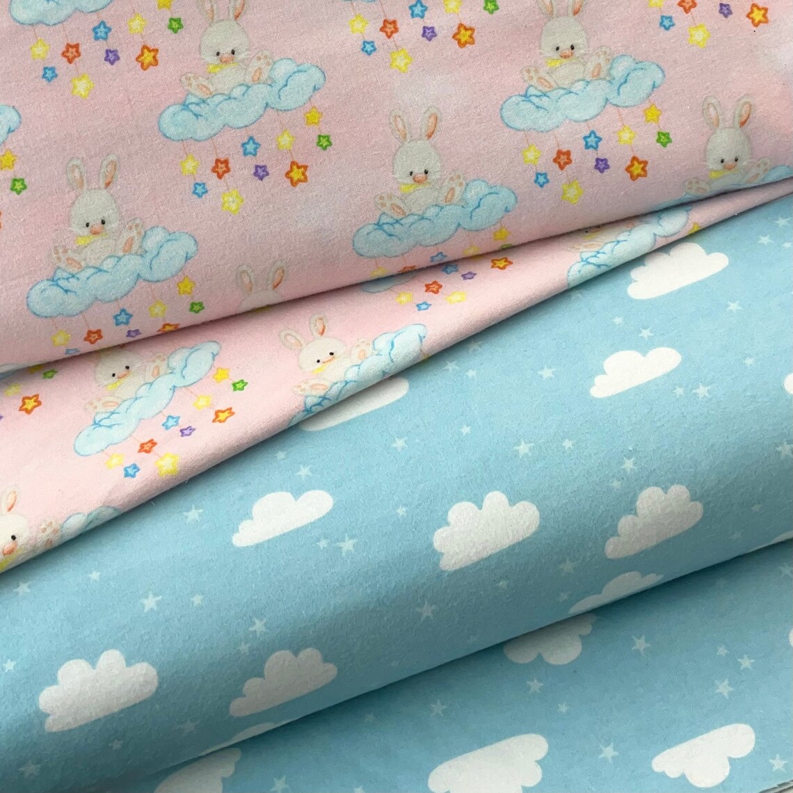 Bunny Rabbit Pink Flannel Floating on White Clouds Yellow | Etsy