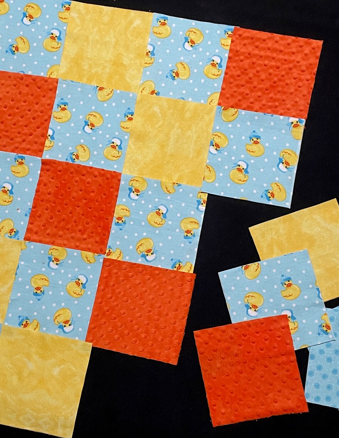 Duck Rag Quilt Kit 96 Pre Cut 7" Squares, Orange Minky, Blue Yellow ...