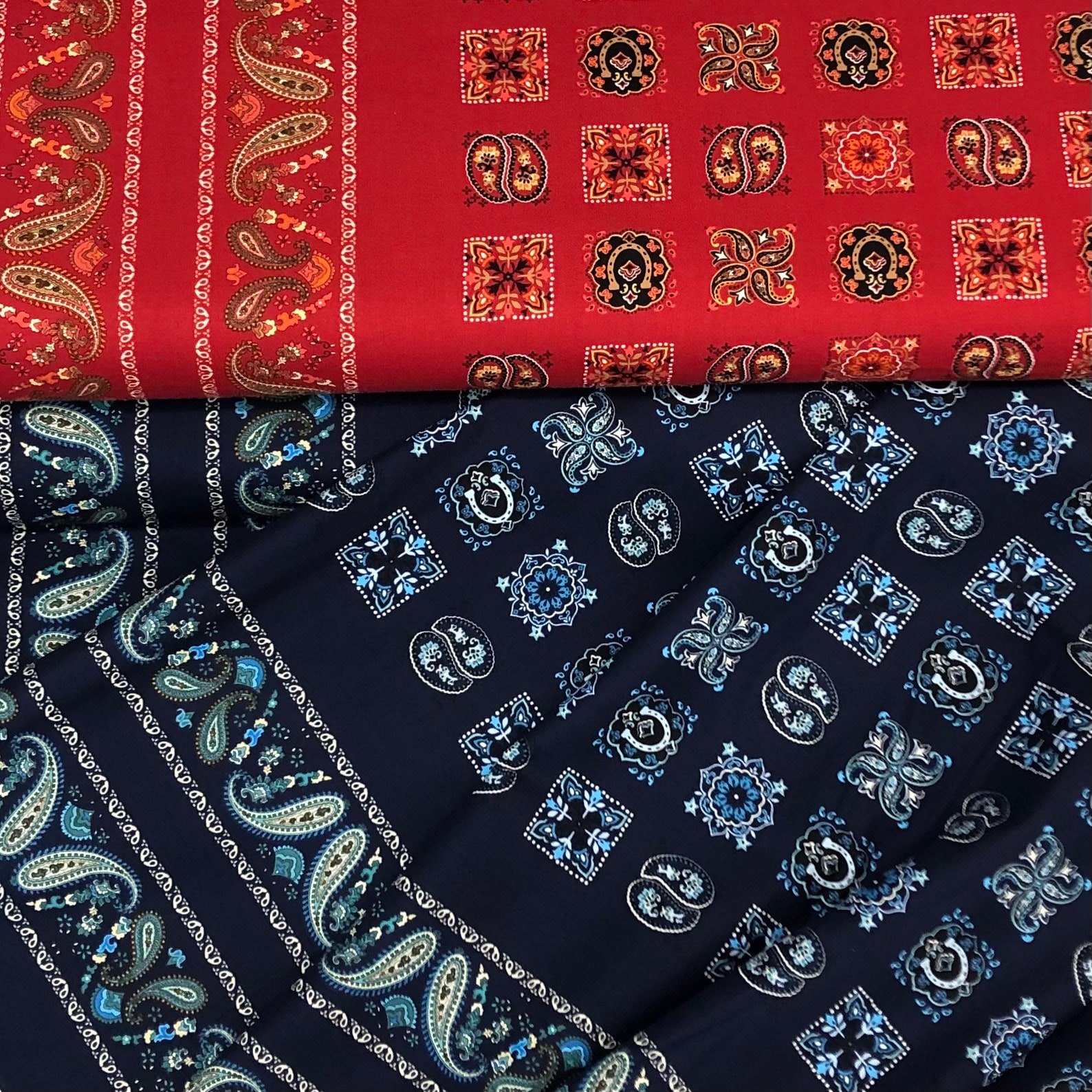 Paisley Red Blue Bandana Fabric, Bordered on Sides, Wild Wild West, by ...
