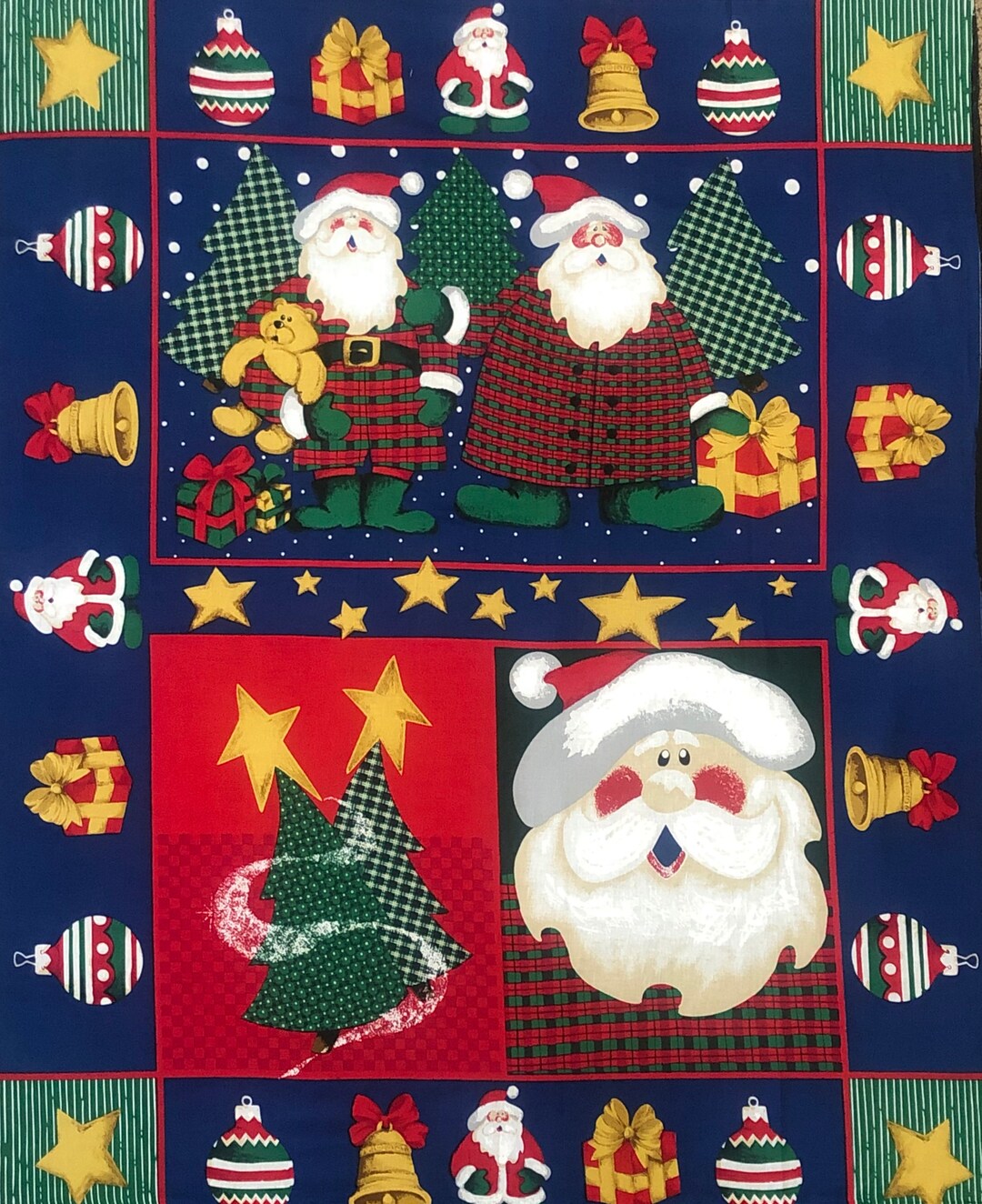 Santa Clause Christmas Trees, Ornament Fabric Panel, Jingle Bells ...