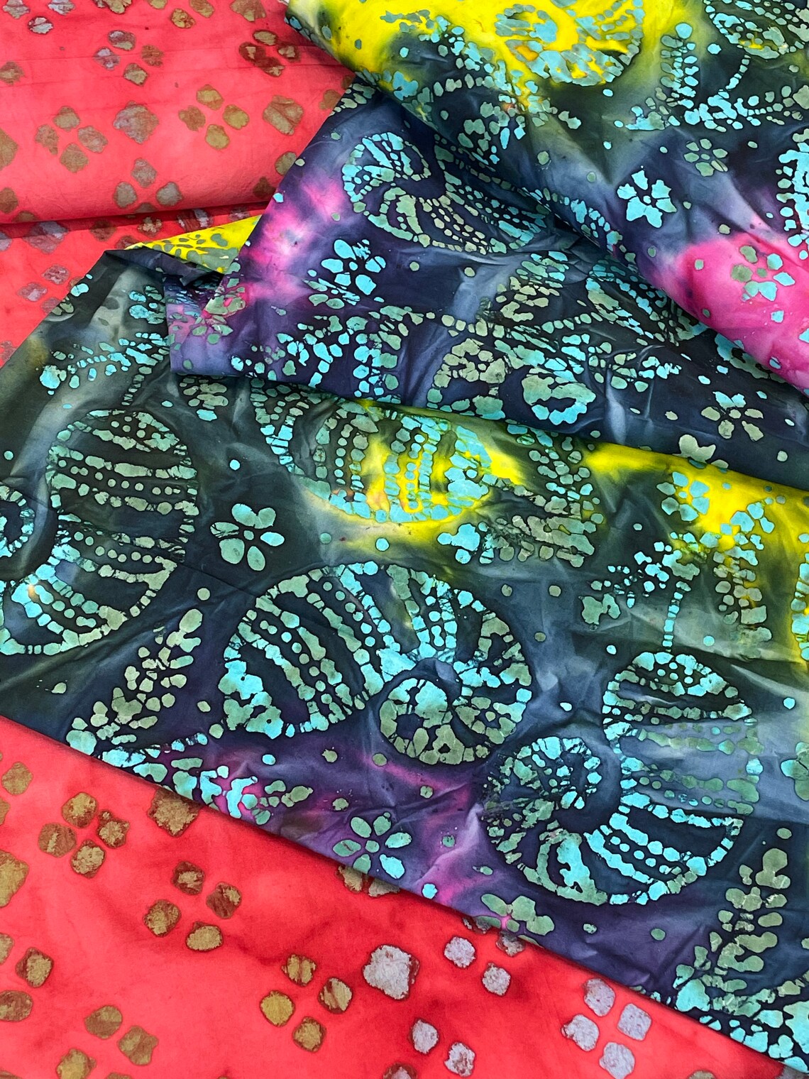 Batik Fabric Pink Orange Blue Yellow Flowers Bright Cotton | Etsy