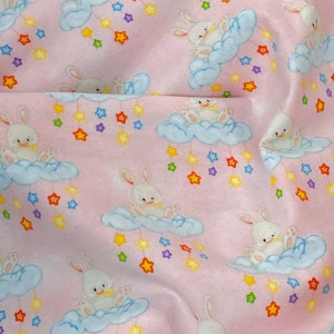 Bunny Rabbit Pink Flannel, Floating on White Clouds, Yellow Blue Orange ...
